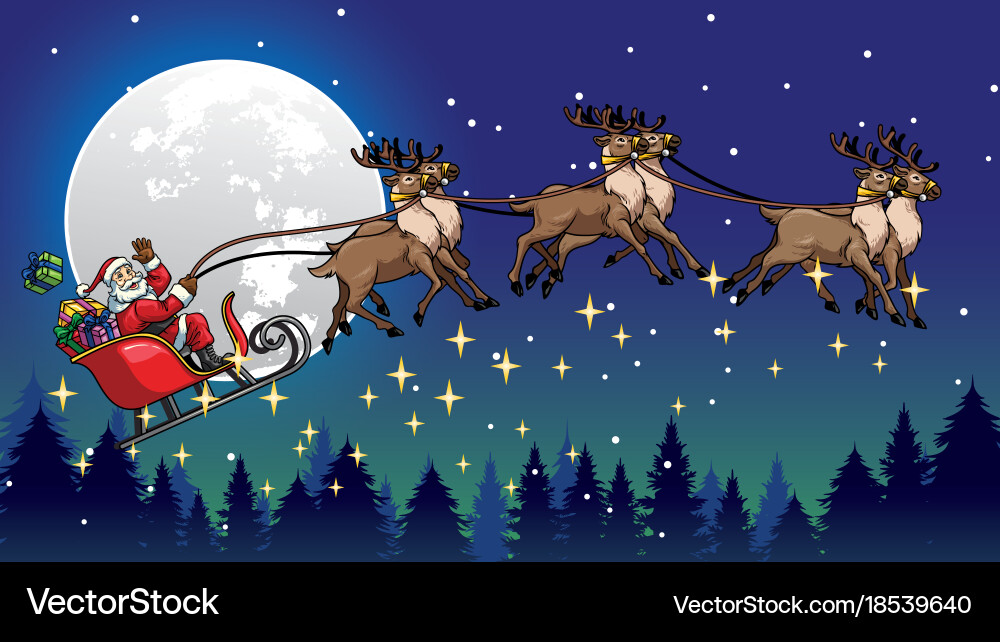 Santa ride sleigh pulled by his reindeers Vector Image