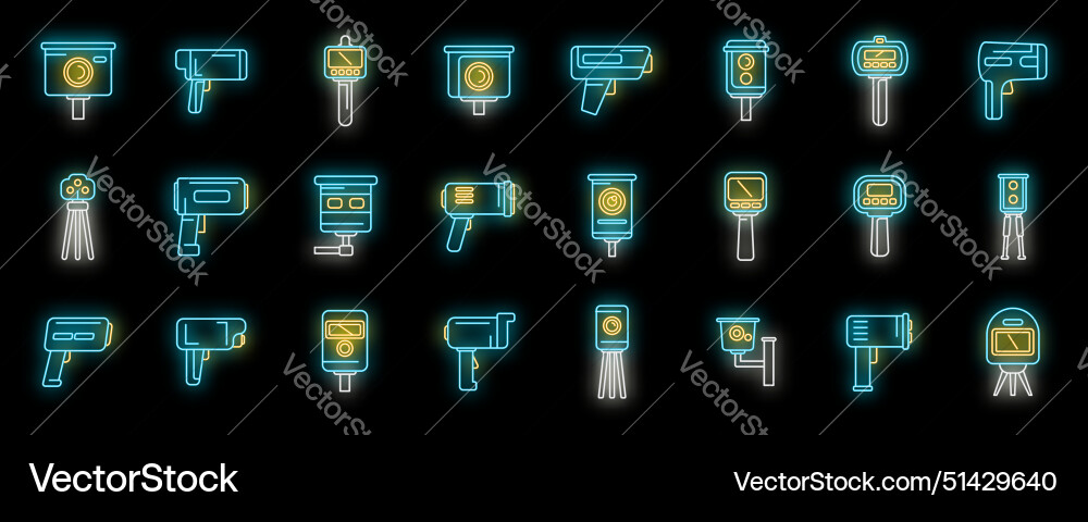 Speed radar icons set neon Royalty Free Vector Image