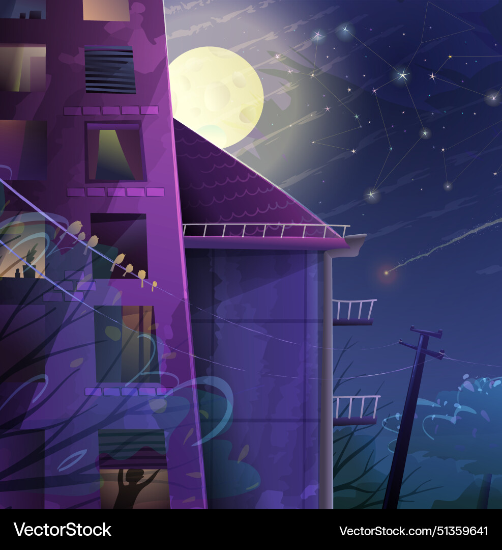 Building windows at full moon night background Vector Image