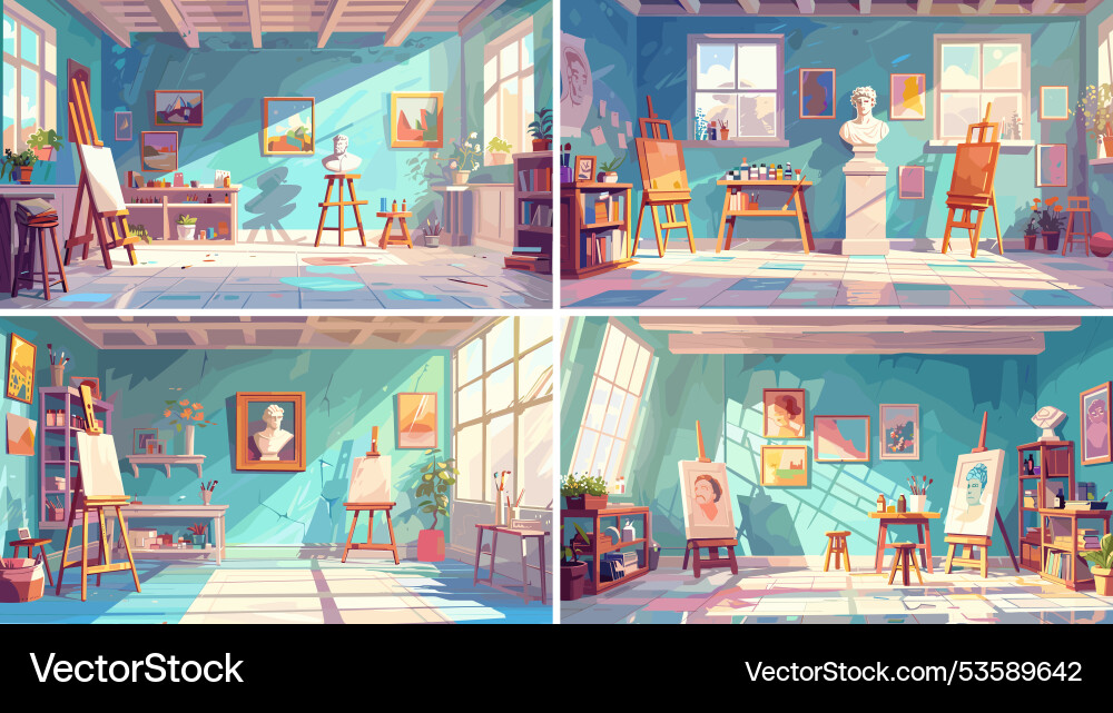 Art studio cartoon scenes easels Royalty Free Vector Image