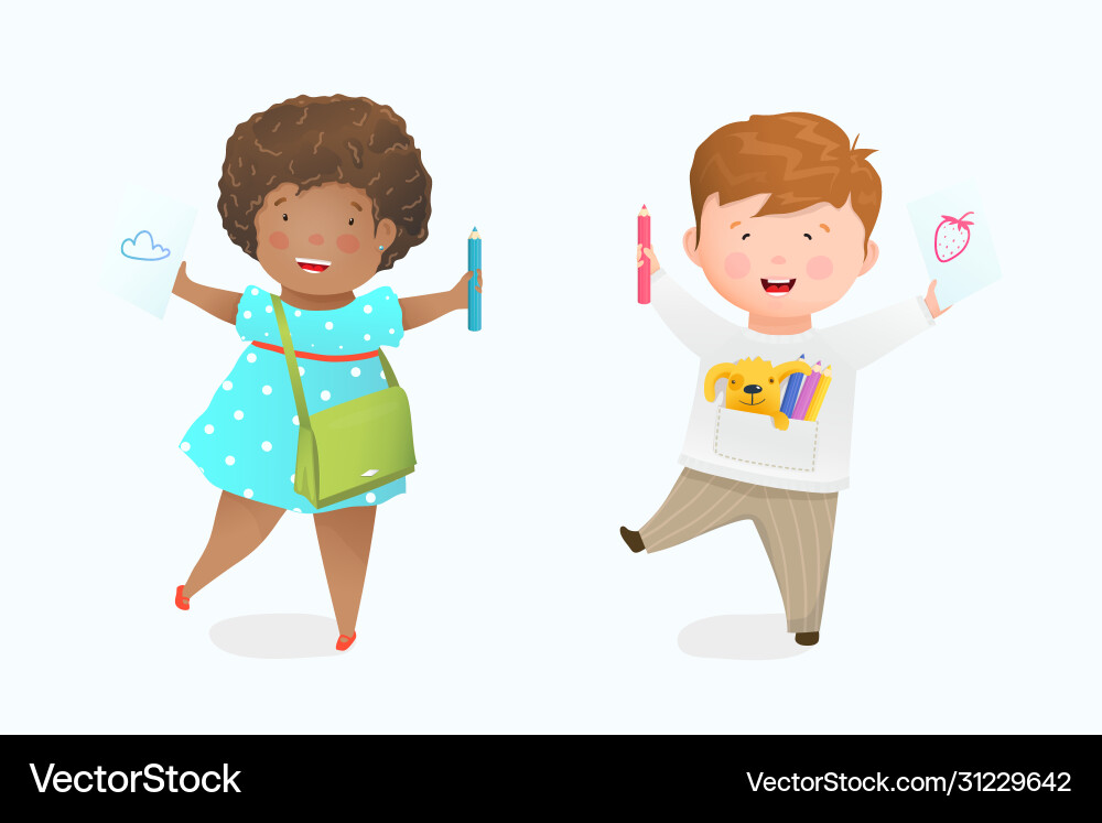 Happy children studying to draw on paper Vector Image