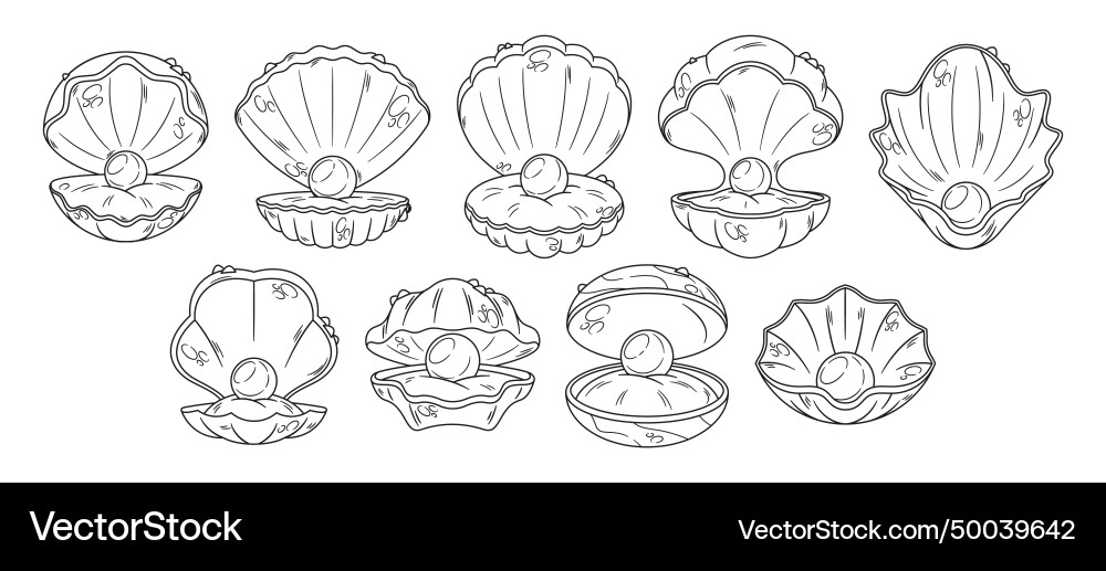 Open shell with pearl outline icons set Royalty Free Vector