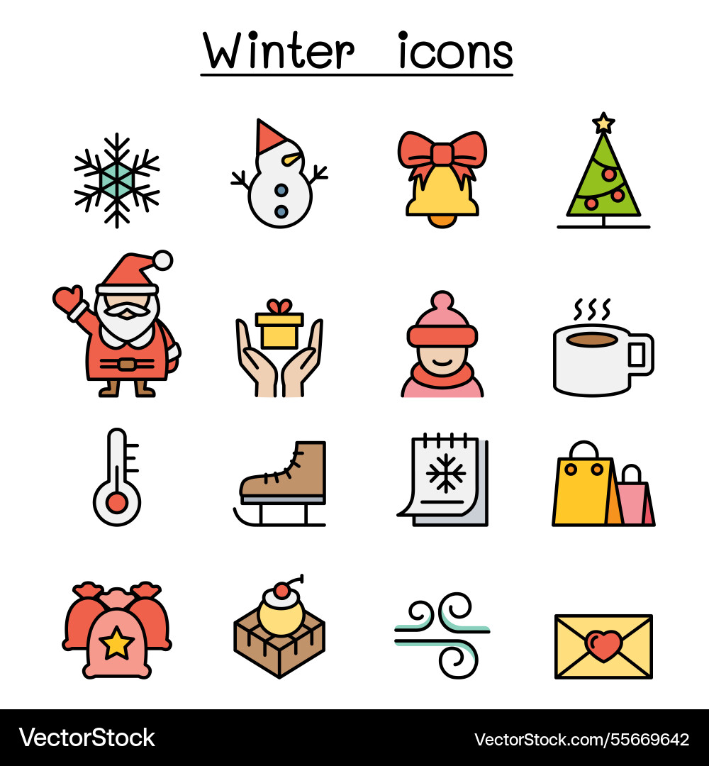 Winter icon set in color line style Royalty Free Vector