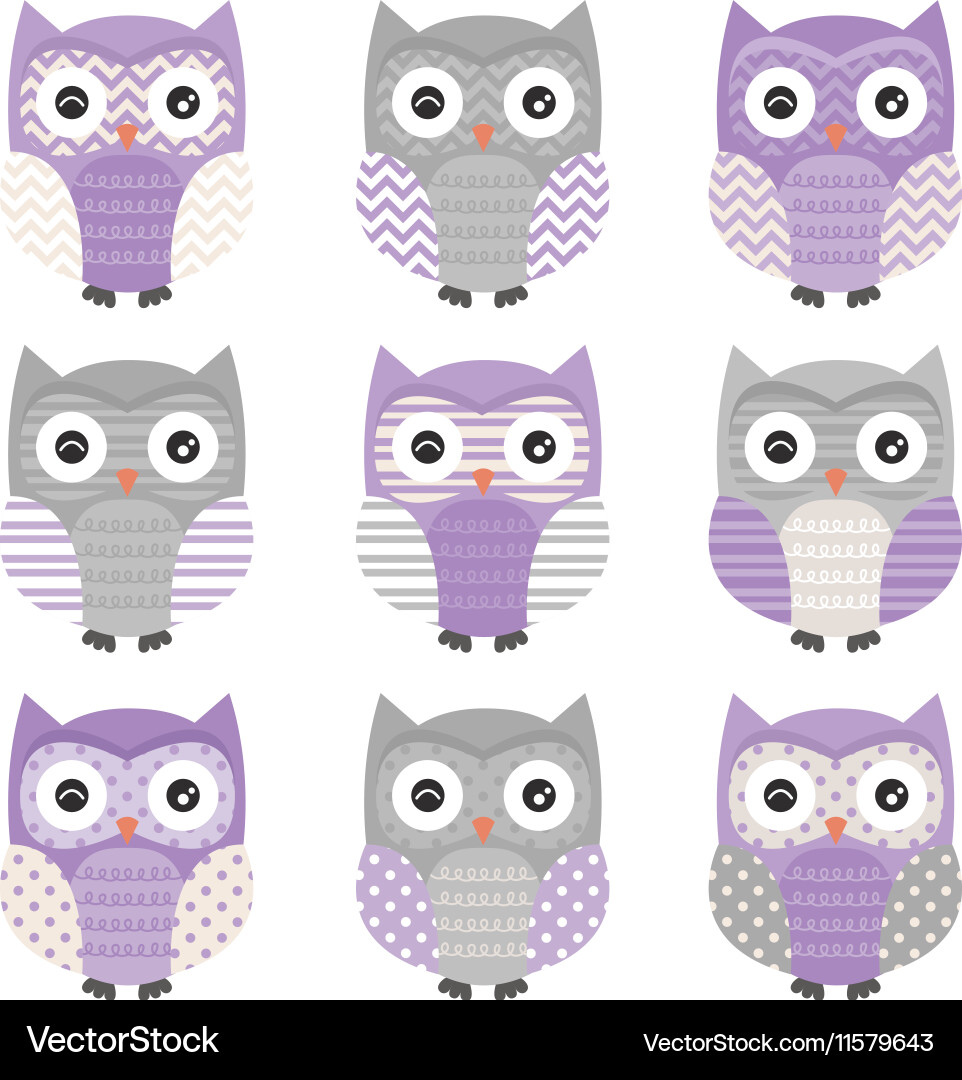 Purple grey cute owl collections Royalty Free Vector Image