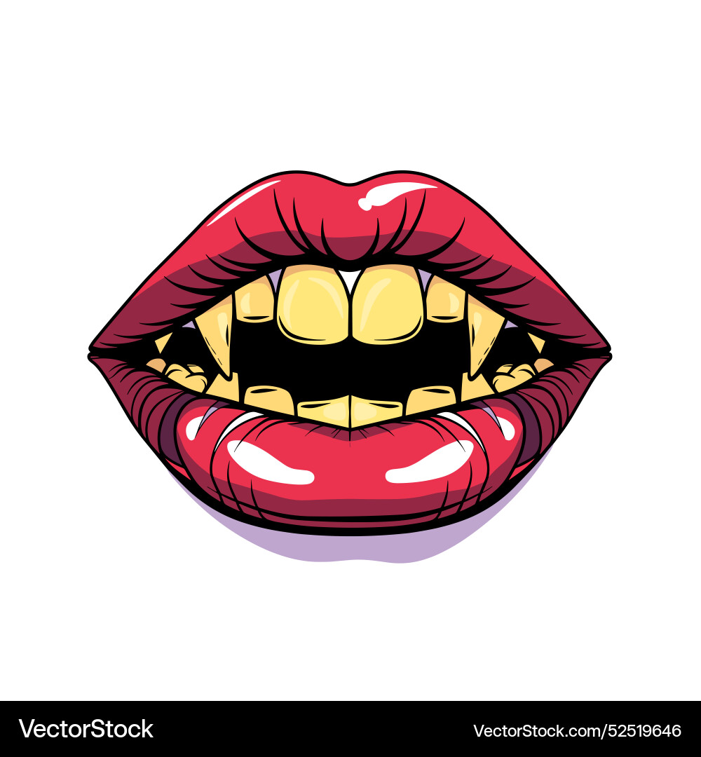 Bright red lips vampire fangs tongue isolated Vector Image