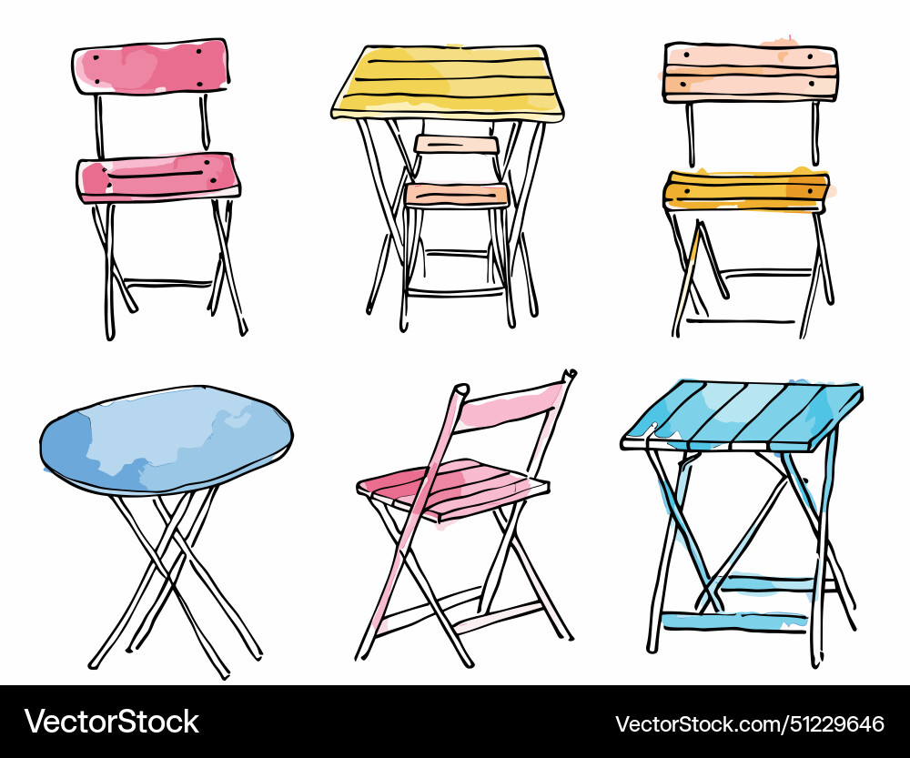 Handdrawn colorful folding chairs tables sketchy Vector Image