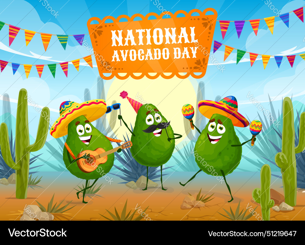 Avocado day banner with funny cartoon characters Vector Image