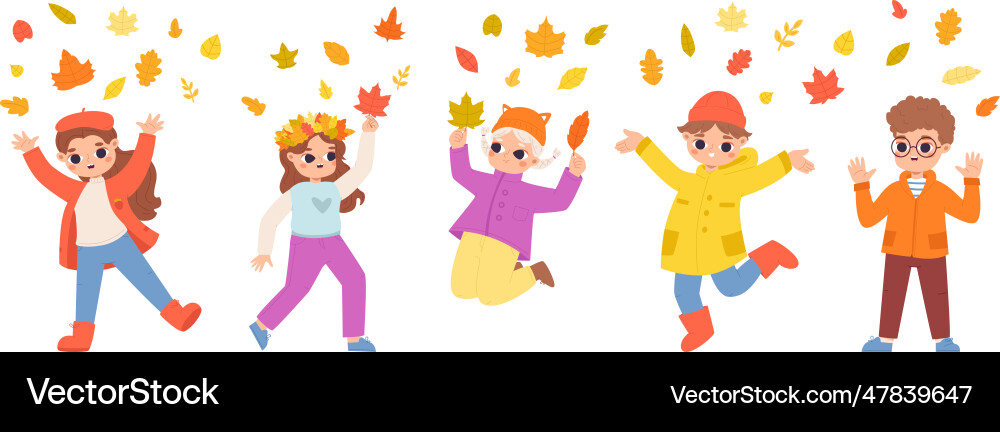 Kids jumping under falling autumn leaves november Vector Image