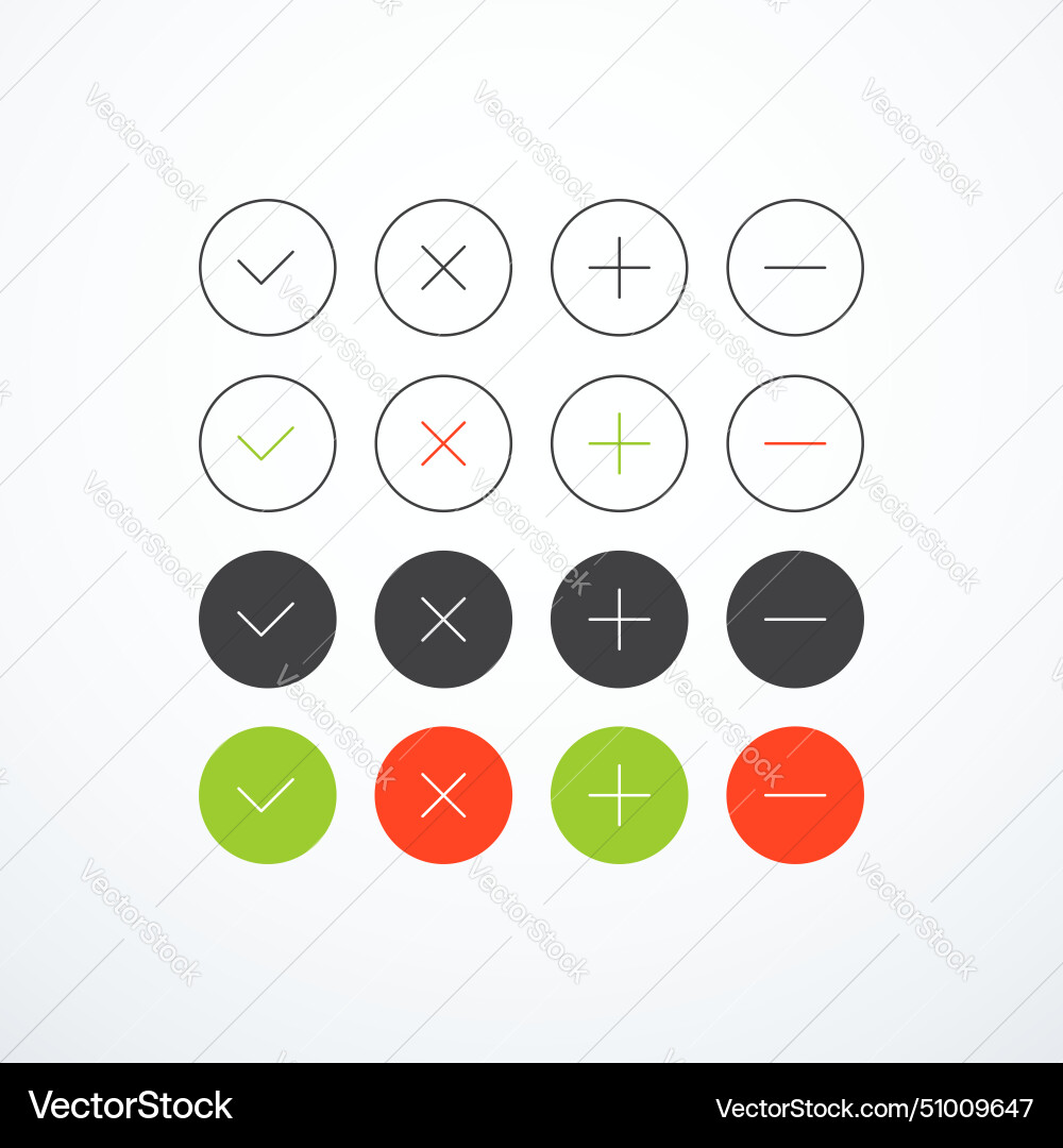 Tick cross plus minus icon button set Royalty Free Vector