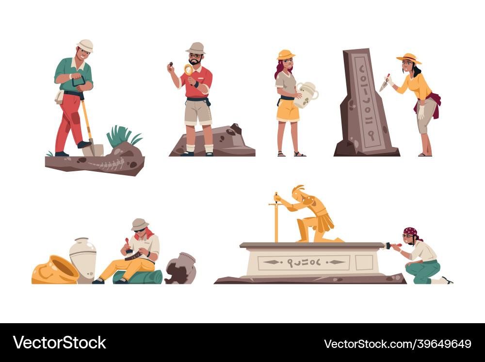 Cartoon archeology paleontologist characters Vector Image