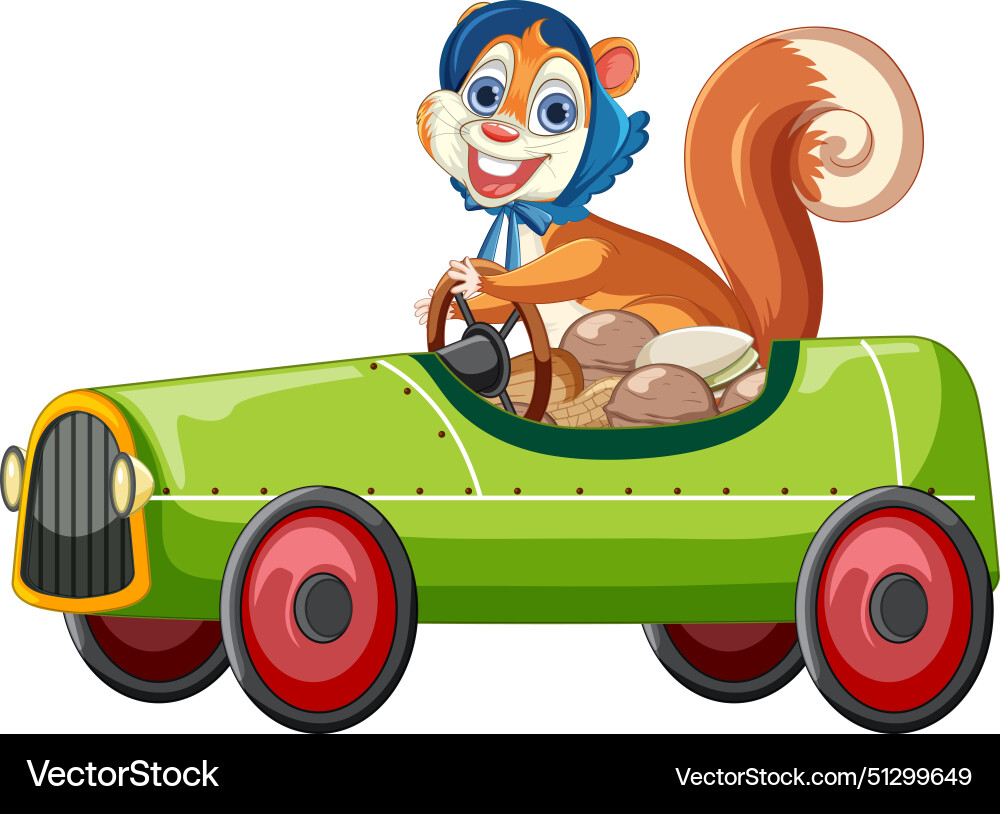 Cheerful squirrel in a green toy car Royalty Free Vector
