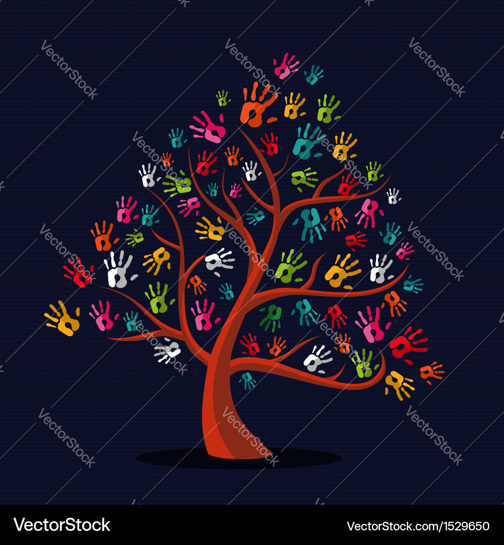 Colorful multi-ethnic hand prints tree Royalty Free Vector