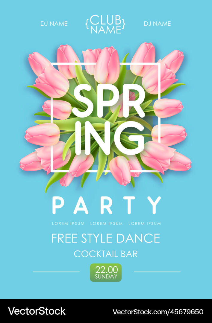 Spring disco party poster with realistic tulips Vector Image
