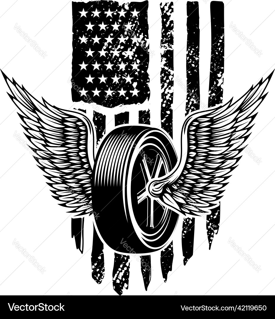 Winged wheel on american flag background design Vector Image