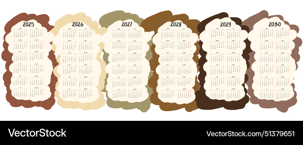 Calendar for 2025 2026 2027 2028 2029 2030 Vector Image