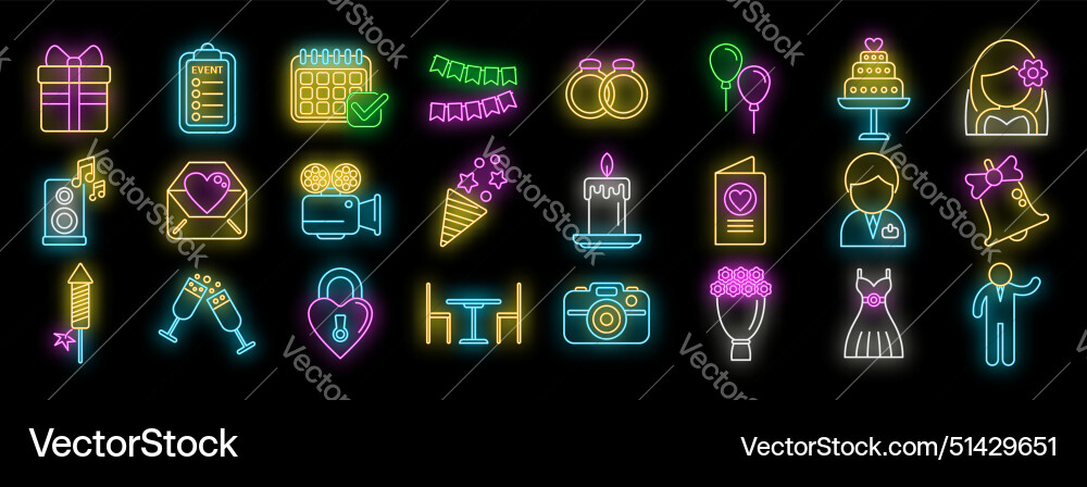 Event planner icons set neon Royalty Free Vector Image