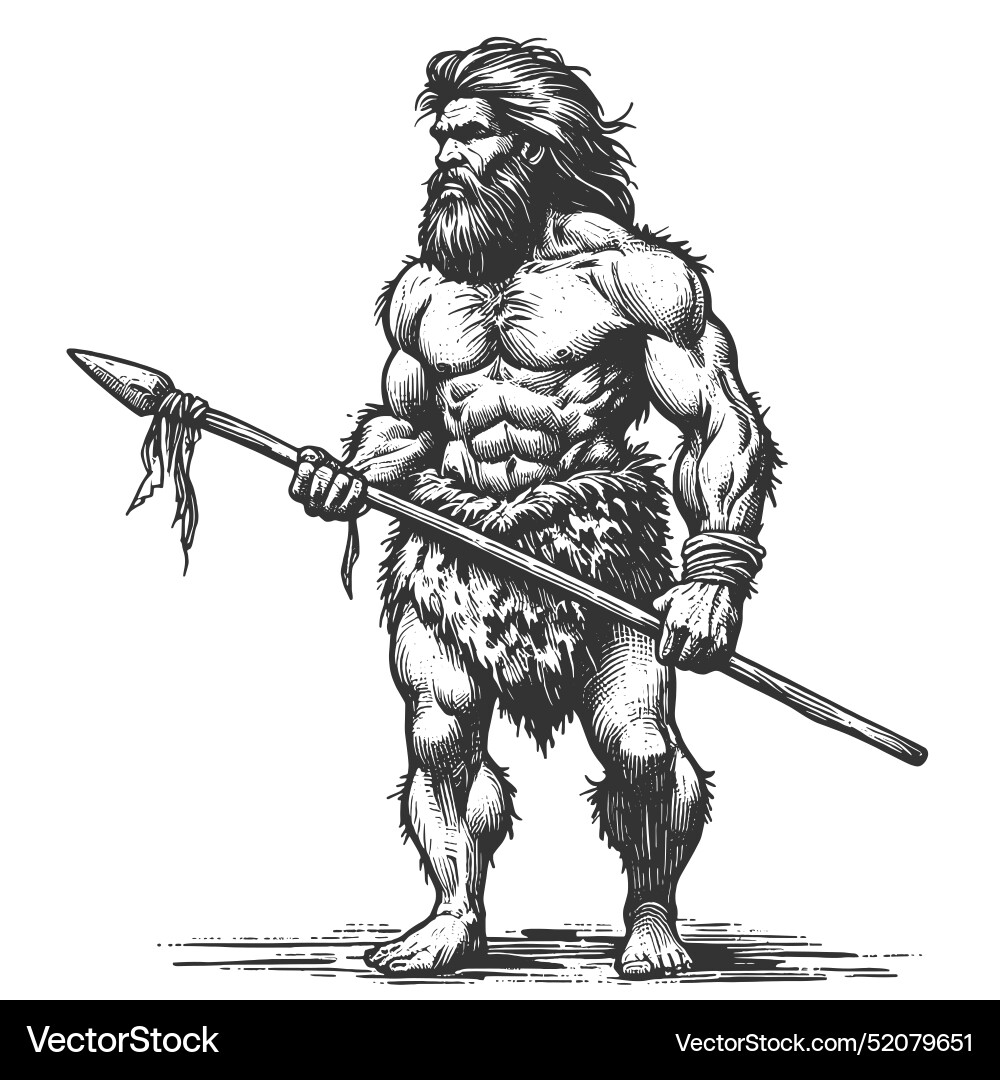 Prehistoric caveman with spear engraving Vector Image
