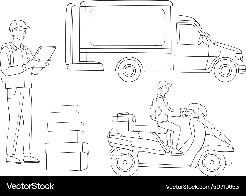Online delivery service line art set Royalty Free Vector