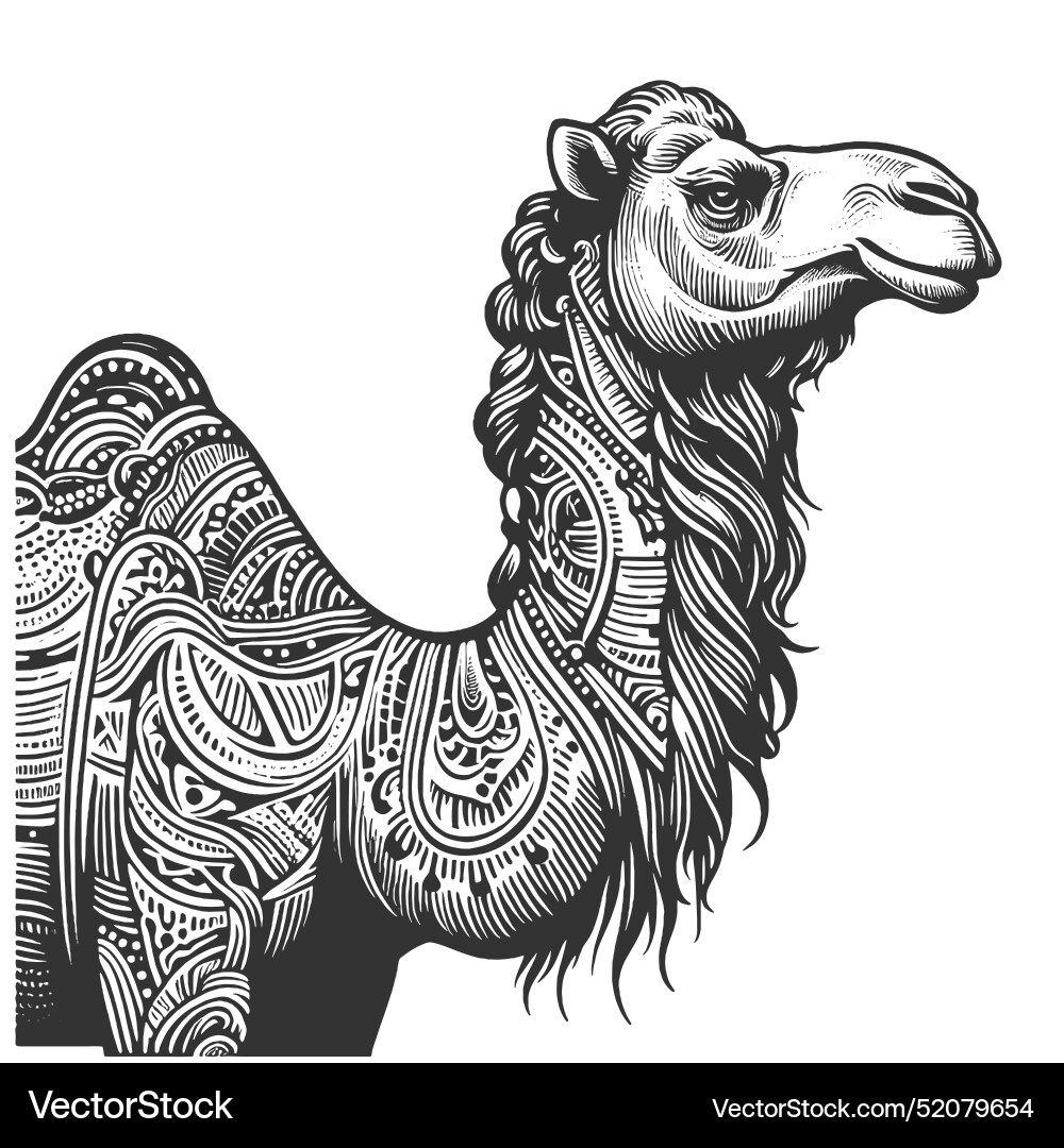 Decorated camel engraving Royalty Free Vector Image