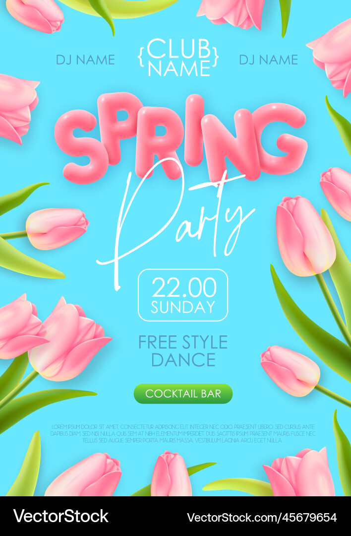 Spring disco party poster with realistic tulips Vector Image