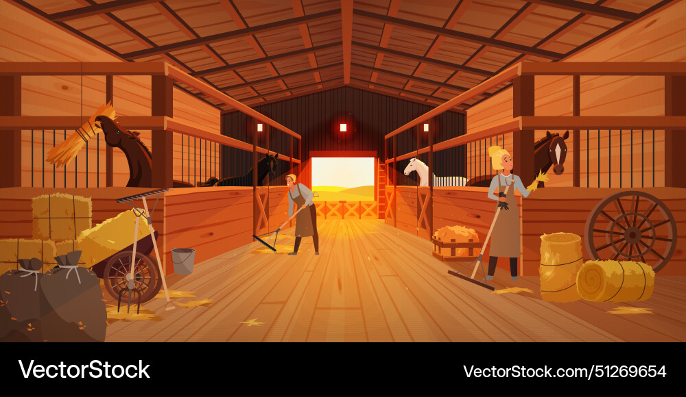 Workers couple in a horse stable working Vector Image