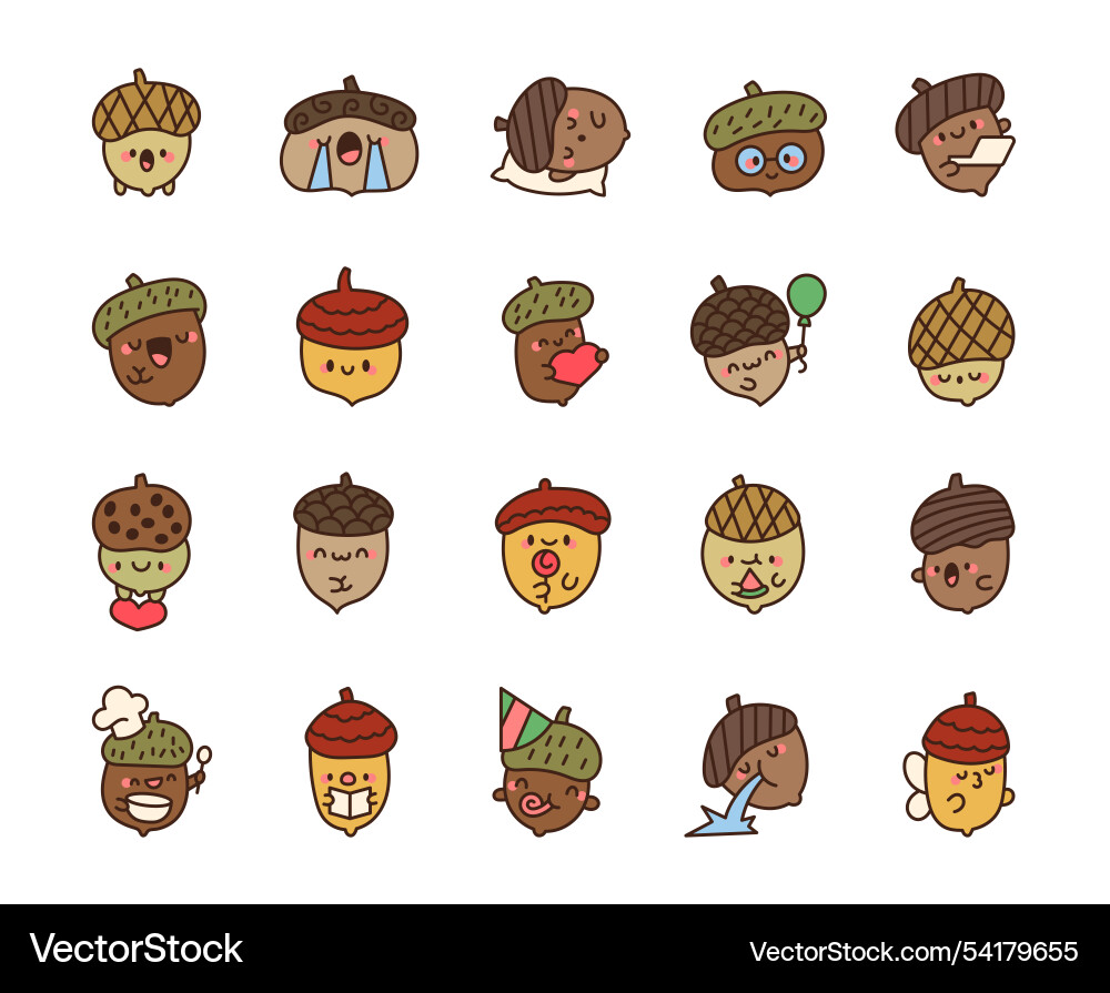 Acorn kawaii cartoon character bundle with cute Vector Image