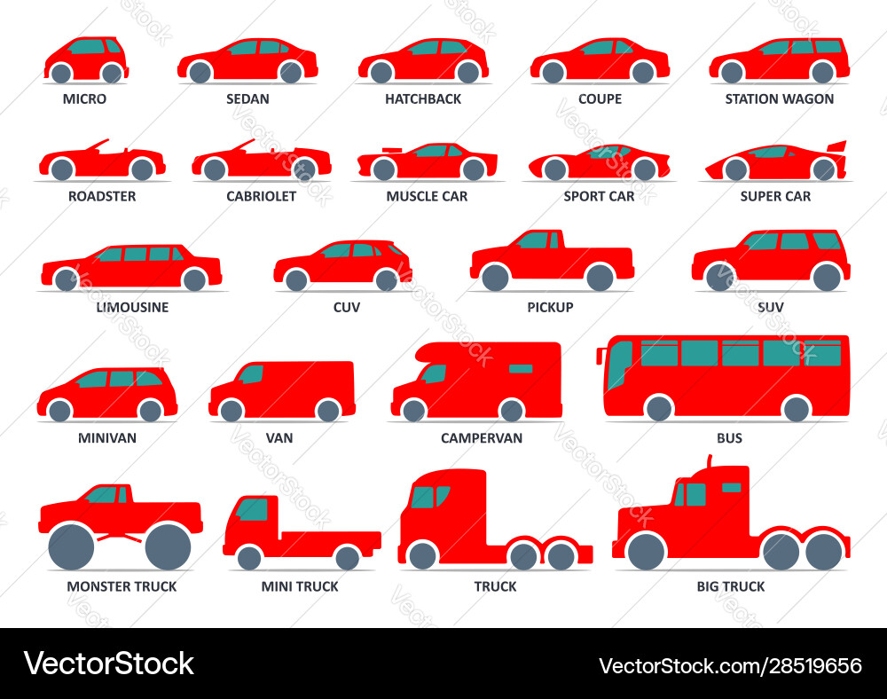 Car Type Icon Set - Diverse Vehicle Styles Vector Image