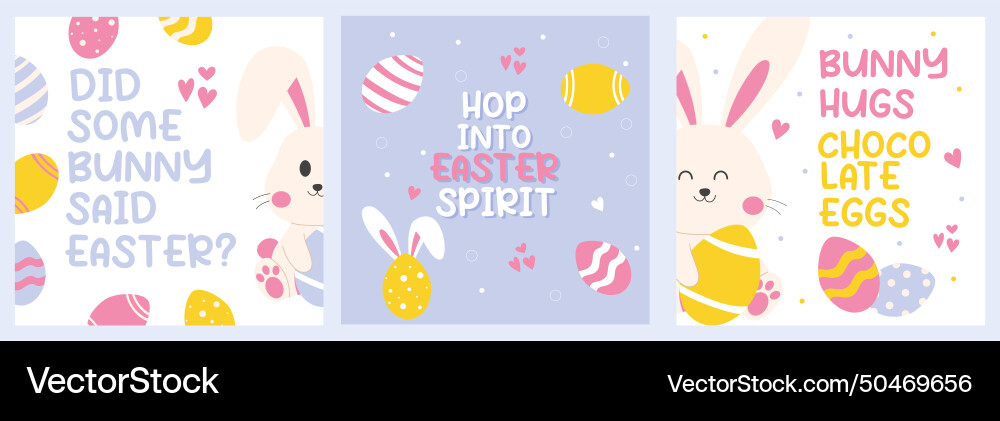 Easter cards with bunny eggs and funny phrases Vector Image
