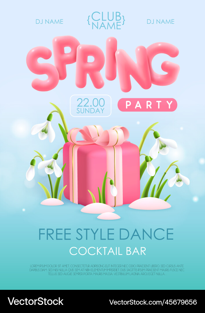 Spring disco party poster with realistic snowdrops