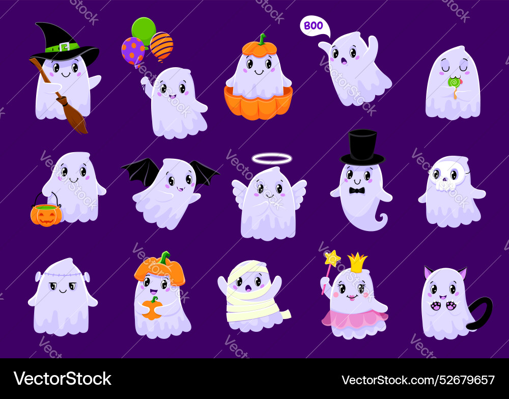 Cartoon cute halloween kawaii ghost characters Vector Image