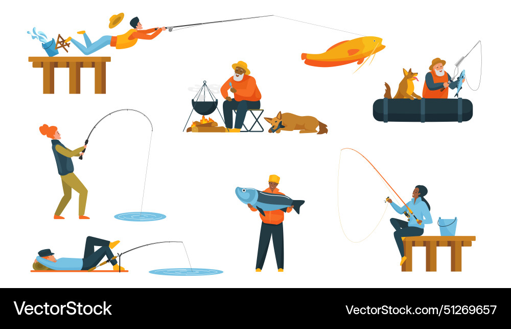 Fishers catching fish set young and old anglers Vector Image