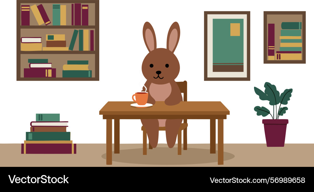 Cute brown rabbit drinking tea in cozy reading Vector Image