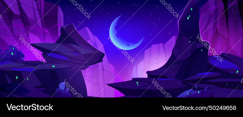 Night landscape with rocky cliff edges over chasm Vector Image