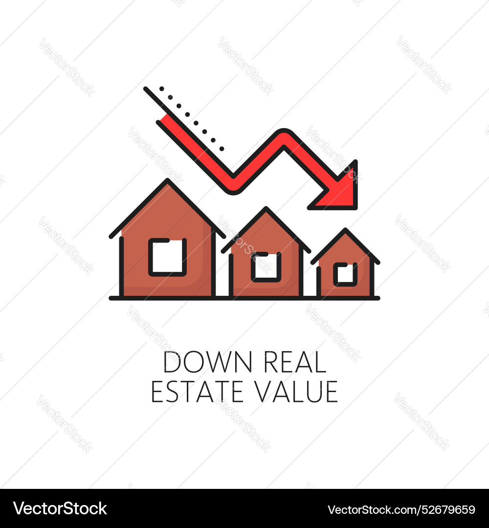 Down real estate value line icon houses and graph Vector Image