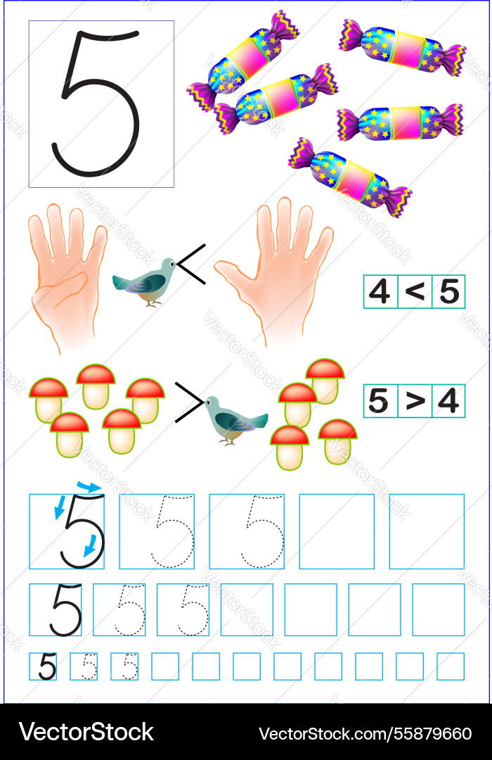 Educational page for children with number 5 kids Vector Image