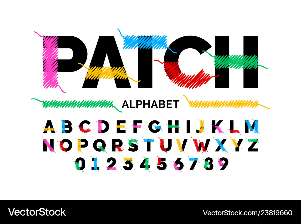 Patched font design stitched with thread Vector Image