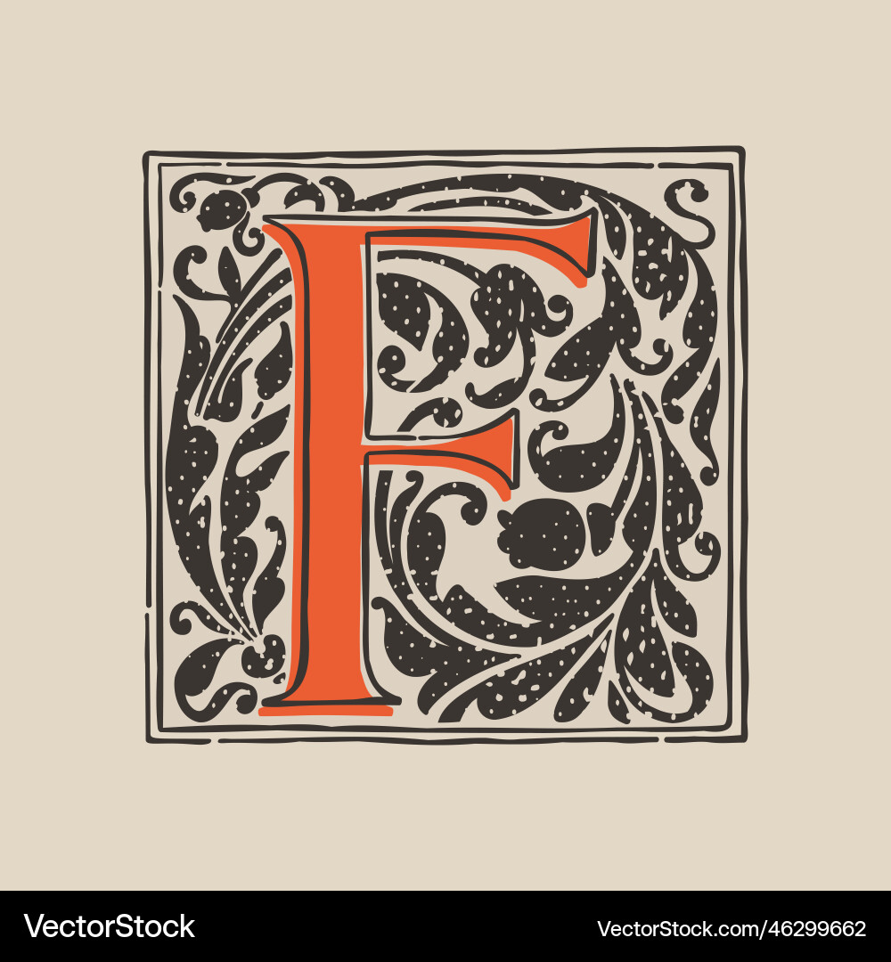 F letter drop cap logo in medieval engraving Vector Image