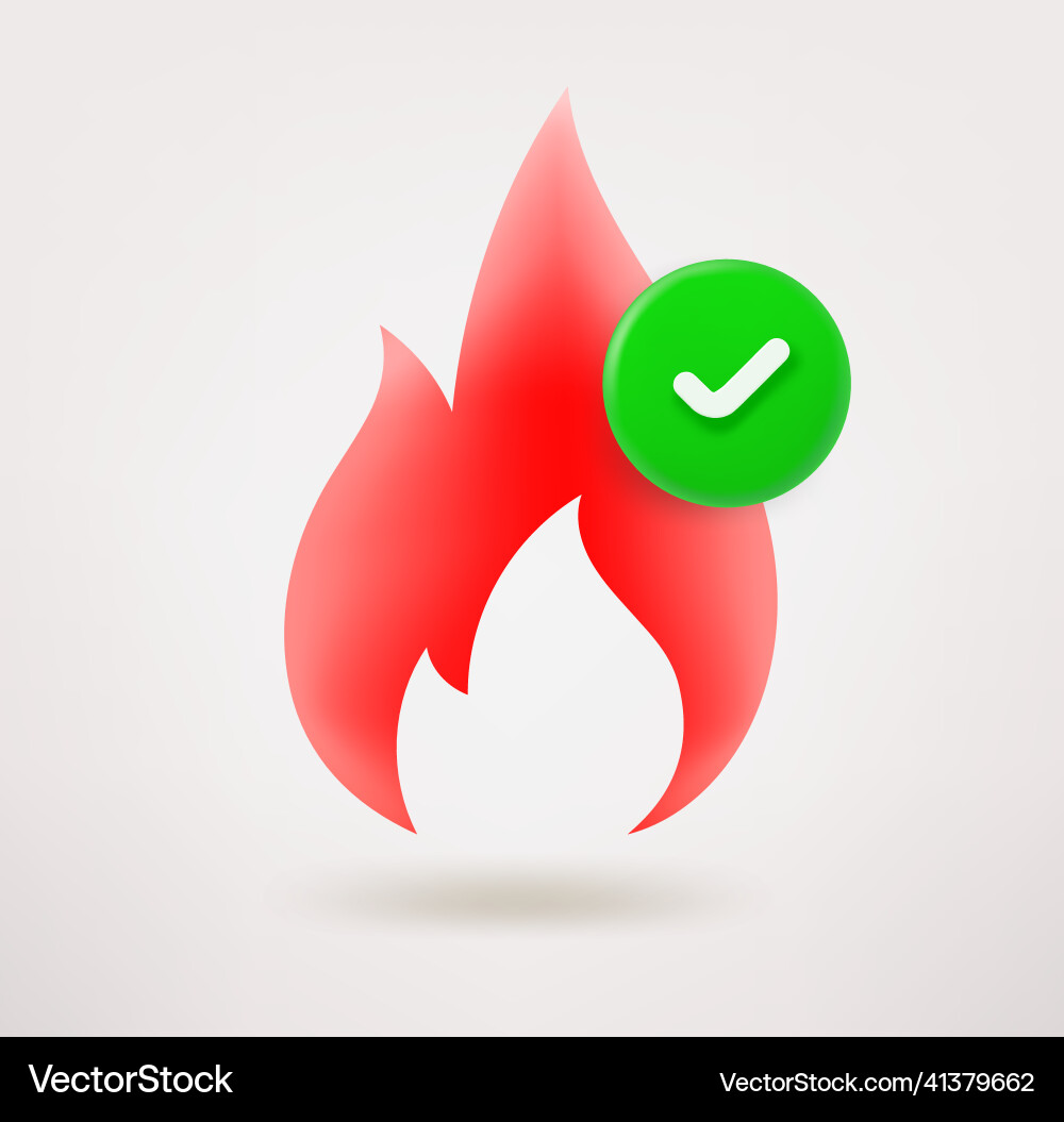 Red flame icon with checkmark 3d Royalty Free Vector Image