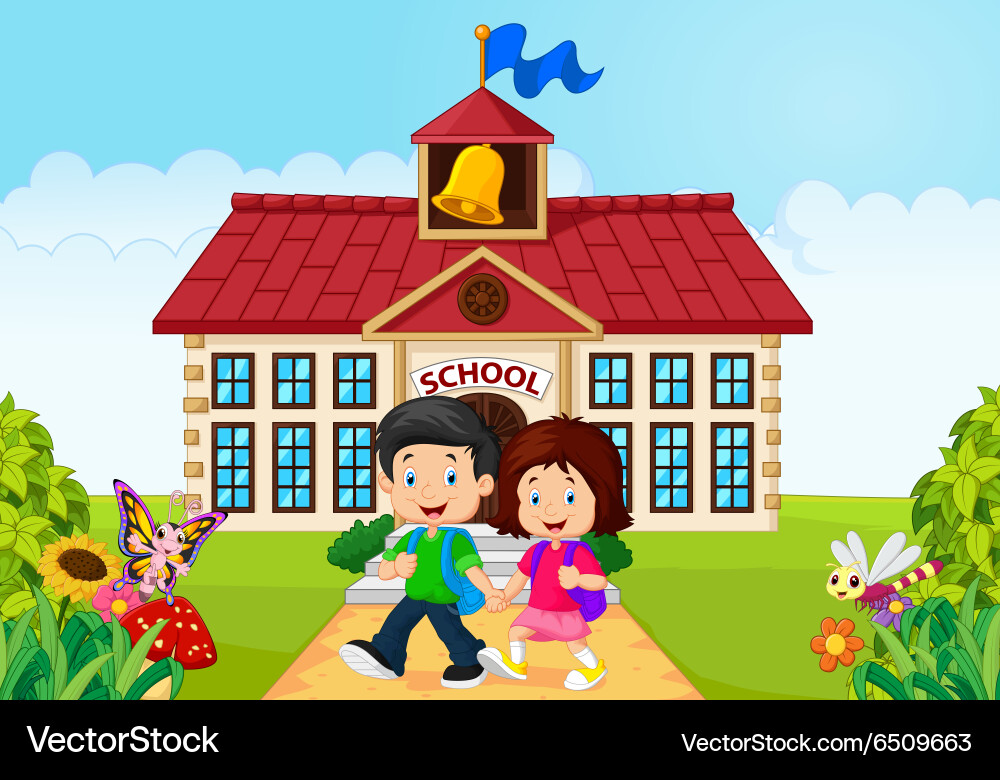 Cartoon little children leaving school Royalty Free Vector