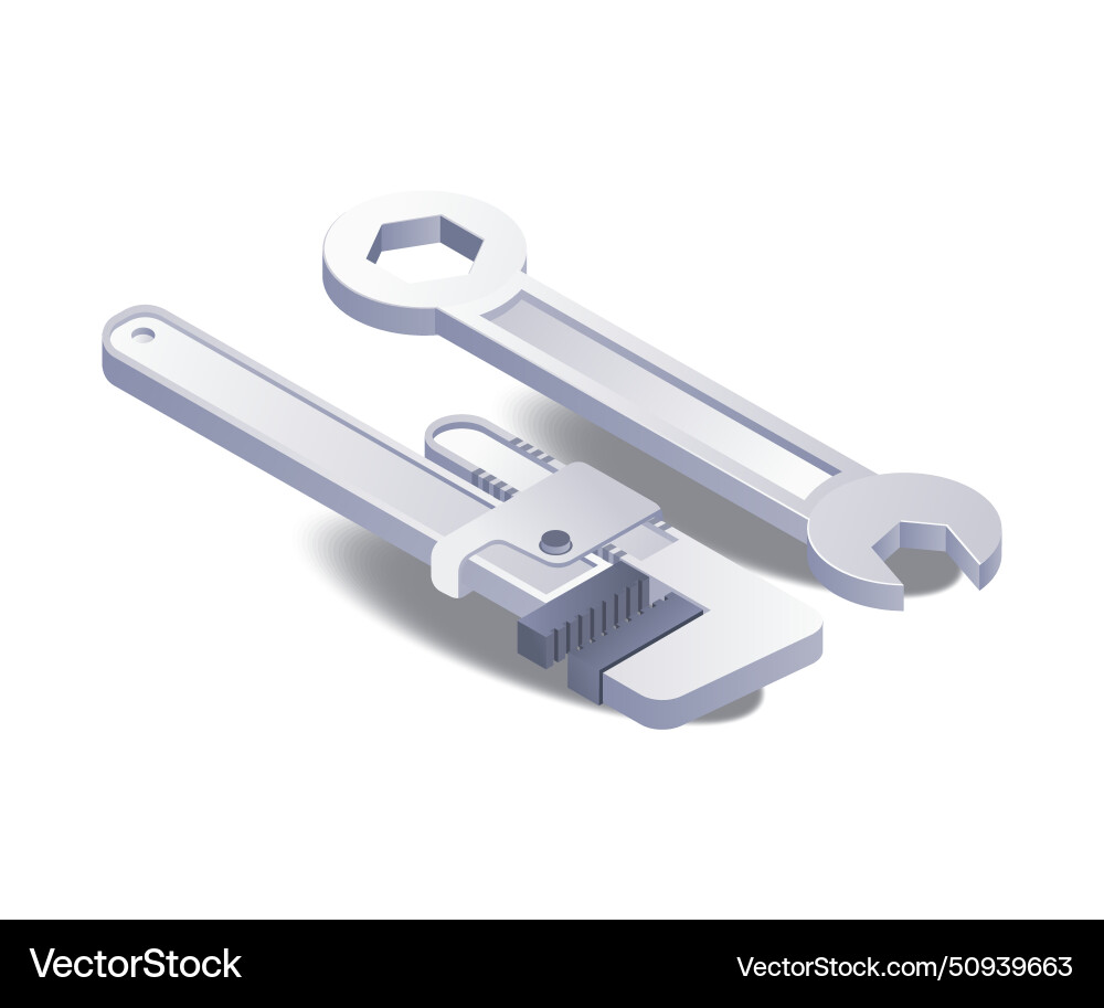Pipe wrench and set flat isometric 3d Royalty Free Vector