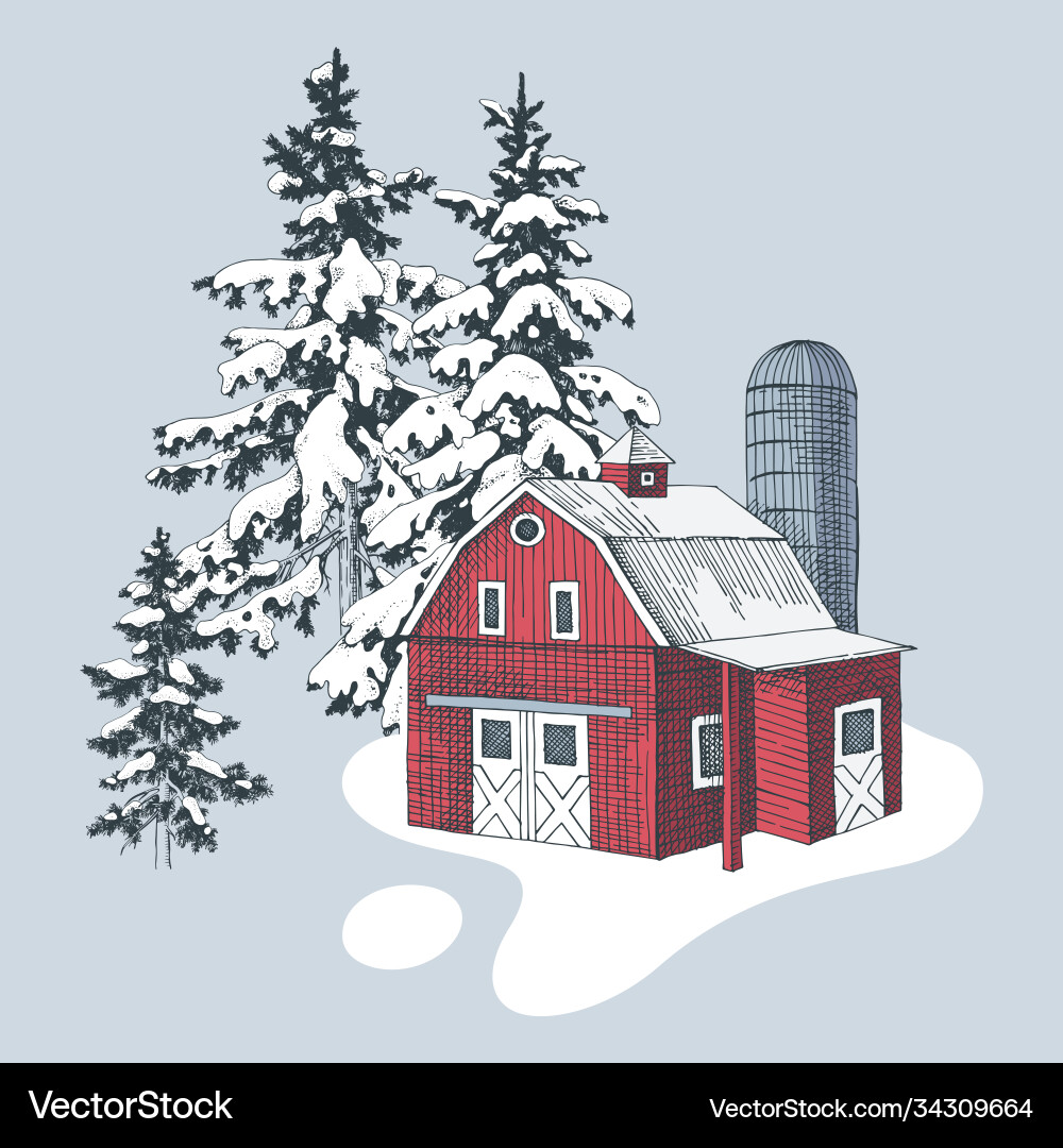 Hand drawn winter landscape with farm Royalty Free Vector