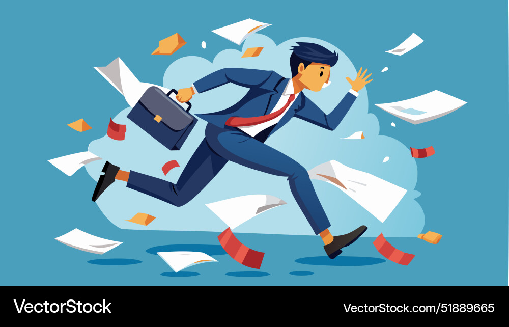 Businessman escaping paperwork chaos Royalty Free Vector