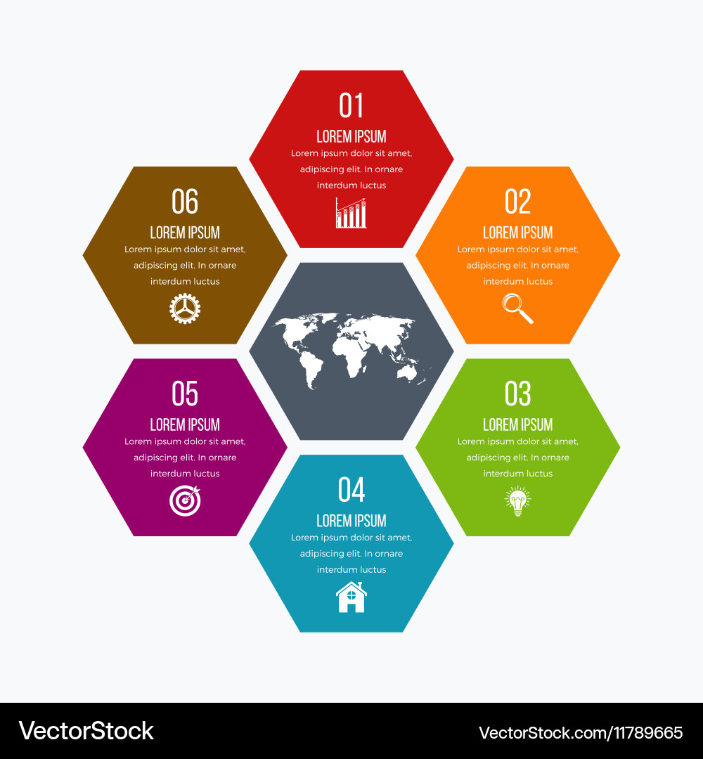 Infographics six hexagons Royalty Free Vector Image Infographics six hexagons Royalty Free Vector Image