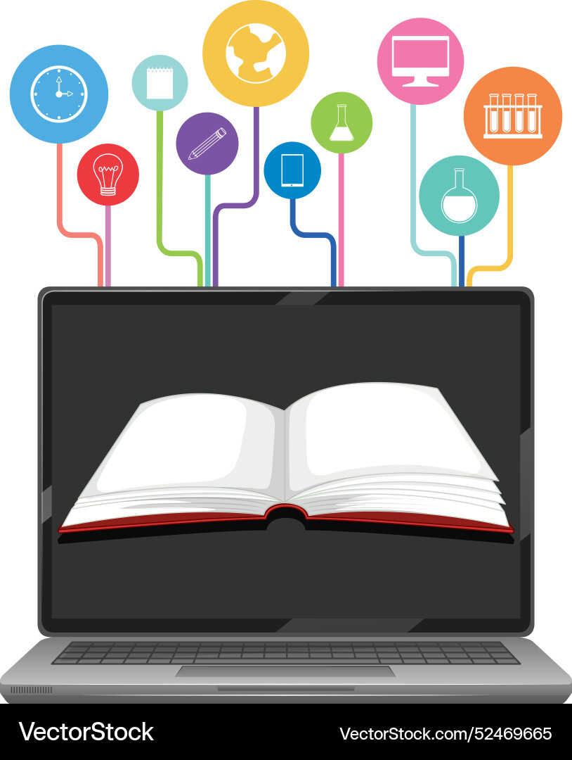 Open book on laptop with educational icons Vector Image