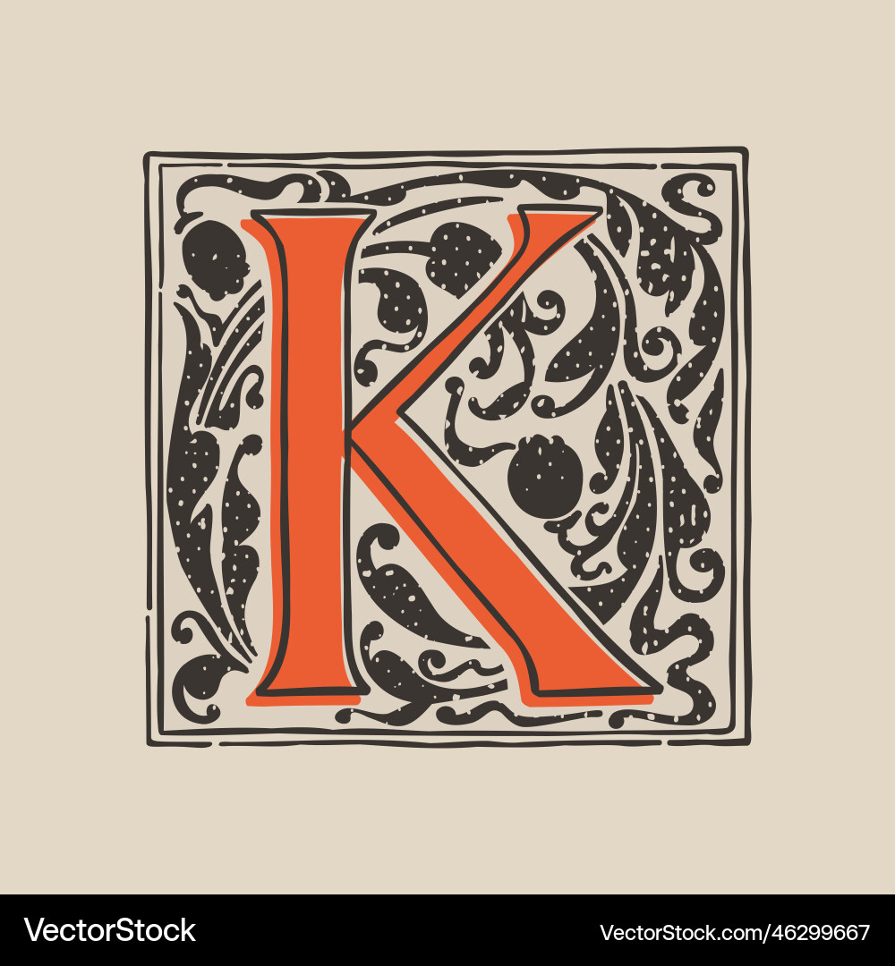 K letter drop cap logo in medieval engraving Vector Image