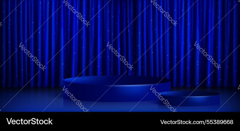 Dark blue podium stages on curtain backdrop Vector Image