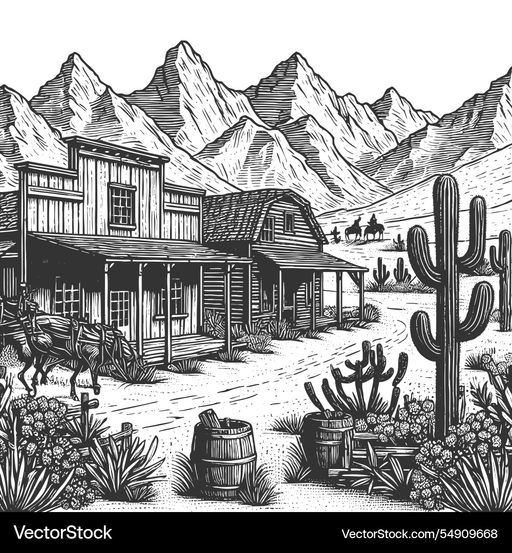 Wild west landscape engraving Royalty Free Vector Image
