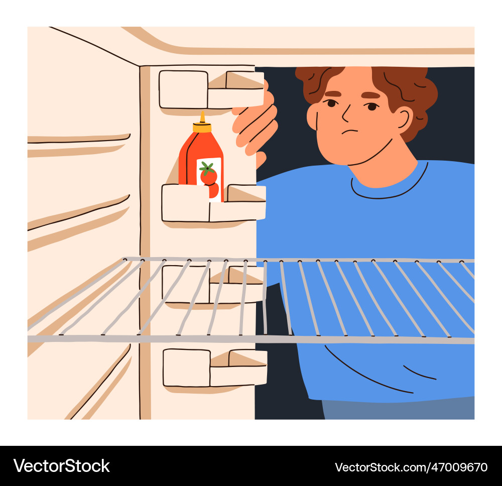 Hungry poor person looking inside empty fridge Vector Image