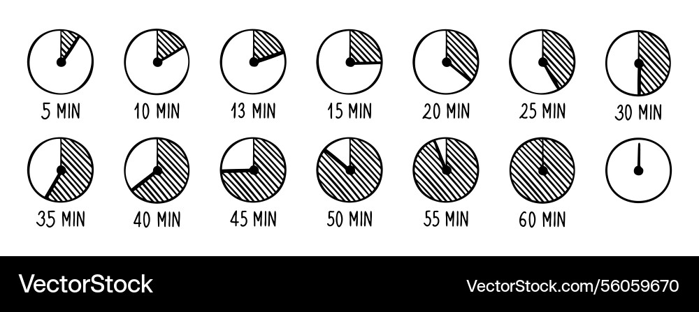 Timer doodle icons set stopwatch on 0 5 10 13 Vector Image