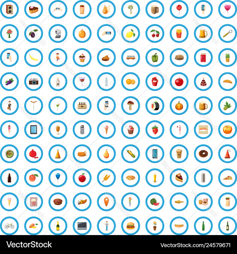 100 cafe icons set cartoon style Royalty Free Vector Image